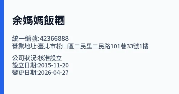 余媽媽飯糰的照片-統編 42366888(臺北市) 公司登記資料與營業項目詳細圖表