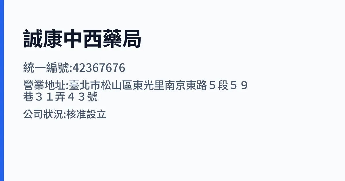 誠康中西藥局 - 統編 42367676(臺北市) 公司登記資料與營業項目詳細圖表