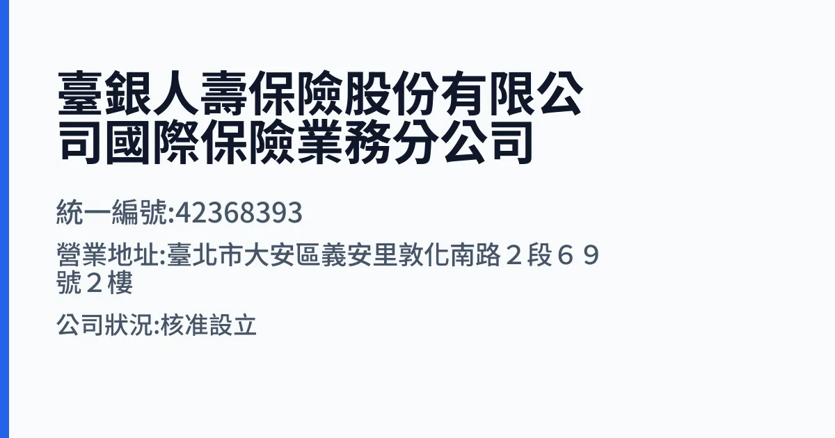 臺銀人壽保險股份有限公司國際保險業務分公司 - 統編 42368393(臺北市) 公司登記資料與營業項目詳細圖表