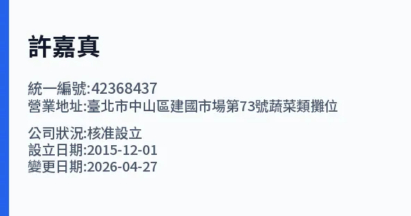 許嘉真的照片-統編 42368437(臺北市) 公司登記資料與營業項目詳細圖表