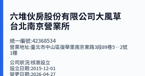 六堆伙房股份有限公司大風草台北南京營業所的照片-統編 42368534(臺北市) 公司登記資料與營業項目詳細圖表
