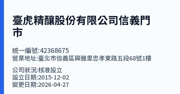 臺虎精釀股份有限公司信義門市的照片-統編 42368675(臺北市) 公司登記資料與營業項目詳細圖表