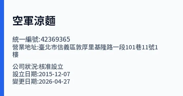 空軍涼麵的照片-統編 42369365(臺北市) 公司登記資料與營業項目詳細圖表