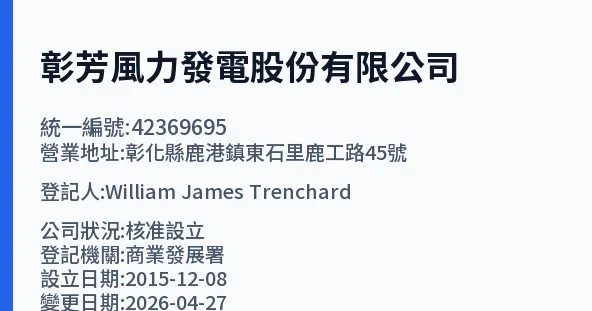 彰芳風力發電股份有限公司的照片-統編 42369695(彰化縣) 公司登記資料與營業項目詳細圖表