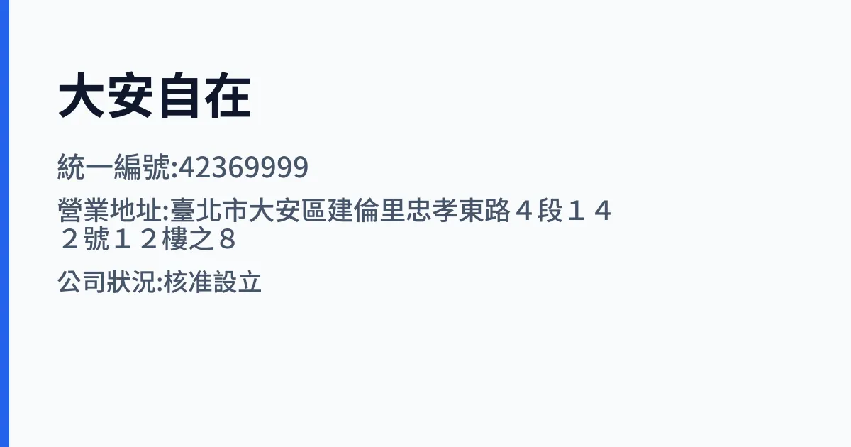 大安自在 - 統編 42369999(臺北市) 公司登記資料與營業項目詳細圖表