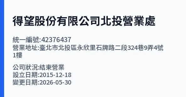 得望股份有限公司北投營業處的照片-統編 42376437(臺北市) 公司登記資料與營業項目詳細圖表