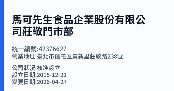 馬可先生食品企業股份有限公司莊敬門市部的照片-統編 42376627(臺北市) 公司登記資料與營業項目詳細圖表