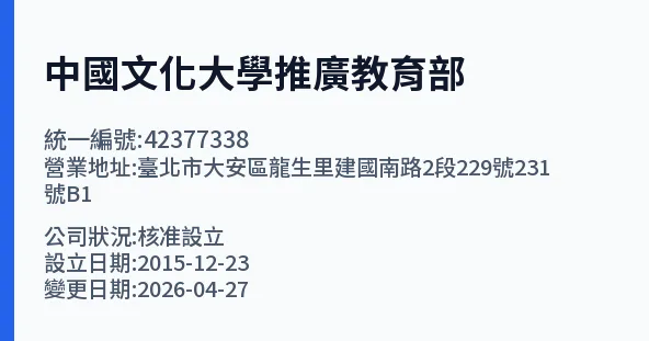 中國文化大學推廣教育部的照片-統編 42377338(臺北市) 公司登記資料與營業項目詳細圖表