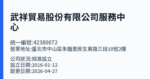 武祥貿易股份有限公司服務中心的照片-統編 42380072(臺北市) 公司登記資料與營業項目詳細圖表
