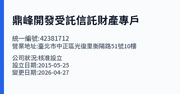 鼎峰開發受託信託財產專戶的照片-統編 42381712(臺北市) 公司登記資料與營業項目詳細圖表