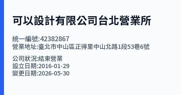 可以設計有限公司台北營業所的照片-統編 42382867(臺北市) 公司登記資料與營業項目詳細圖表