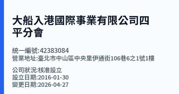 大船入港國際事業有限公司四平分會的照片-統編 42383084(臺北市) 公司登記資料與營業項目詳細圖表