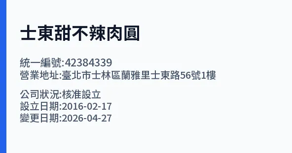 士東甜不辣肉圓的照片-統編 42384339(臺北市) 公司登記資料與營業項目詳細圖表