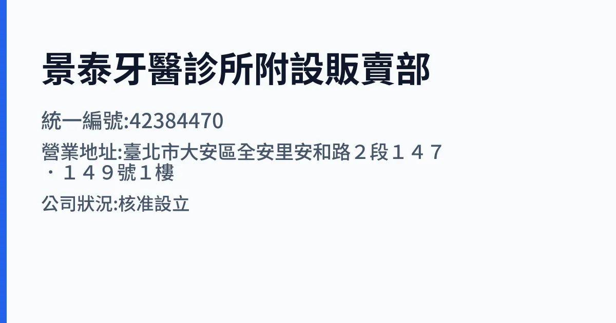 景泰牙醫診所附設販賣部 - 統編 42384470(臺北市) 公司登記資料與營業項目詳細圖表