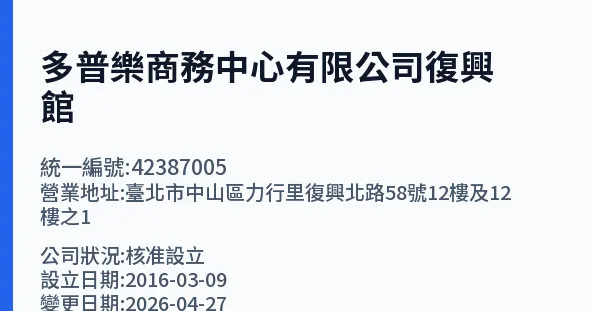 多普樂商務中心有限公司復興館的照片-統編 42387005(臺北市) 公司登記資料與營業項目詳細圖表