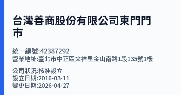 台灣善商股份有限公司東門門市的照片-統編 42387292(臺北市) 公司登記資料與營業項目詳細圖表