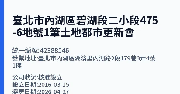 臺北市內湖區碧湖段二小段475-6地號1筆土地都市更新會的照片-統編 42388546(臺北市) 公司登記資料與營業項目詳細圖表