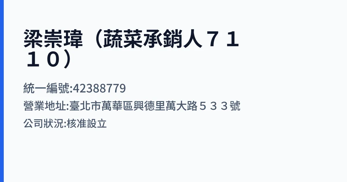 梁崇瑋（蔬菜承銷人７１１０） - 統編 42388779（臺北市） 公司登記資料與營業項目詳細圖表