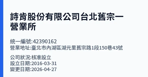 詩肯股份有限公司台北舊宗一營業所的照片-統編 42390162(臺北市) 公司登記資料與營業項目詳細圖表
