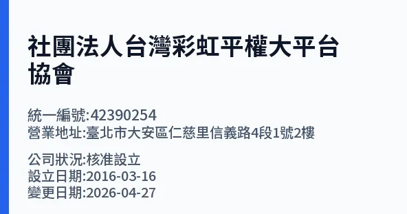 社團法人台灣彩虹平權大平台協會的照片-統編 42390254(臺北市) 公司登記資料與營業項目詳細圖表