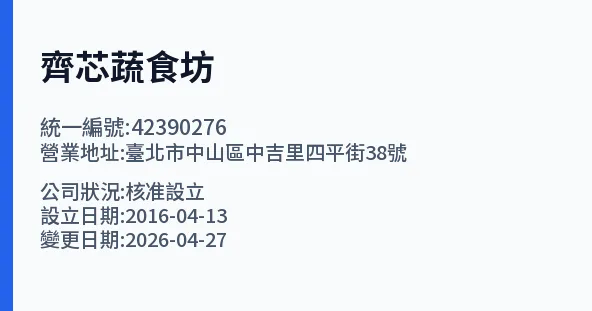 齊芯蔬食坊的照片-統編 42390276(臺北市) 公司登記資料與營業項目詳細圖表