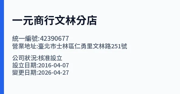 一元商行文林分店的照片-統編 42390677(臺北市) 公司登記資料與營業項目詳細圖表