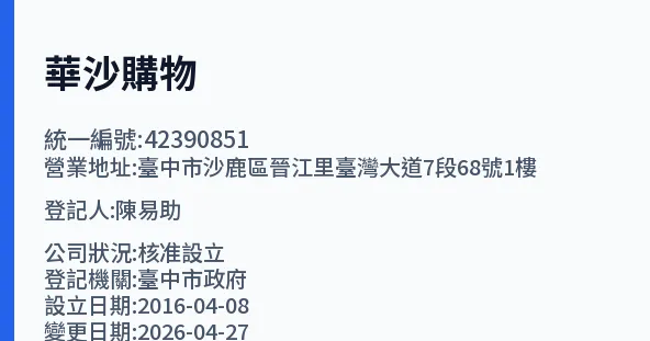 華沙購物的照片-統編 42390851(臺中市) 公司登記資料與營業項目詳細圖表