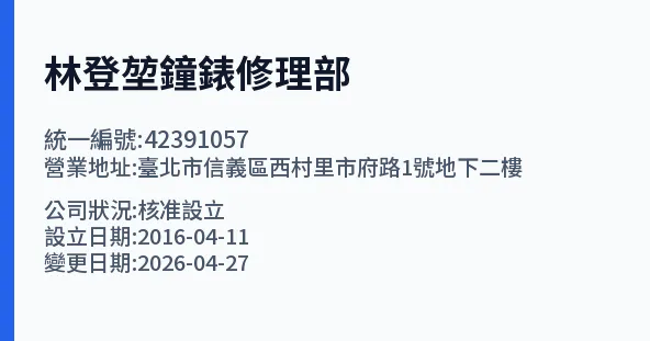 林登堃鐘錶修理部的照片-統編 42391057(臺北市) 公司登記資料與營業項目詳細圖表