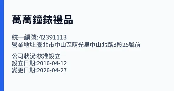 萬萬鐘錶禮品的照片-統編 42391113(臺北市) 公司登記資料與營業項目詳細圖表