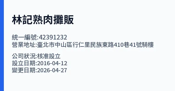 林記熟肉攤販的照片-統編 42391232(臺北市) 公司登記資料與營業項目詳細圖表