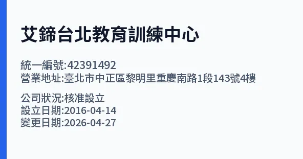 艾鍗台北教育訓練中心的照片-統編 42391492(臺北市) 公司登記資料與營業項目詳細圖表