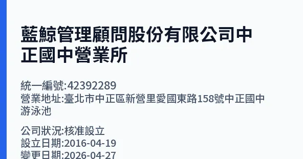 藍鯨管理顧問股份有限公司中正國中營業所的照片-統編 42392289(臺北市) 公司登記資料與營業項目詳細圖表
