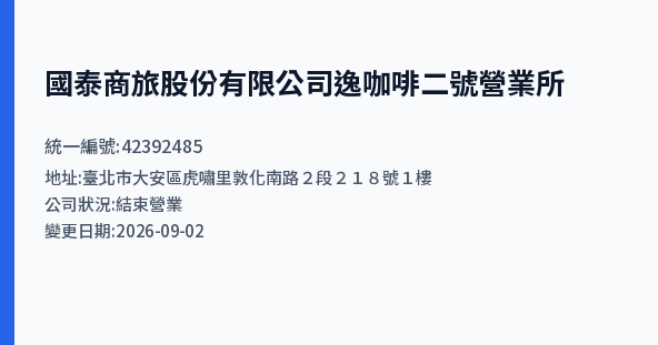國泰商旅股份有限公司逸咖啡二號營業所的照片-統編 42392485(臺北市) 公司登記資料與營業項目詳細圖表