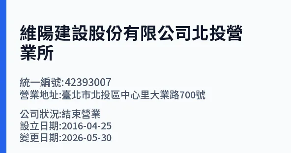 維陽建設股份有限公司北投營業所的照片-統編 42393007(臺北市) 公司登記資料與營業項目詳細圖表