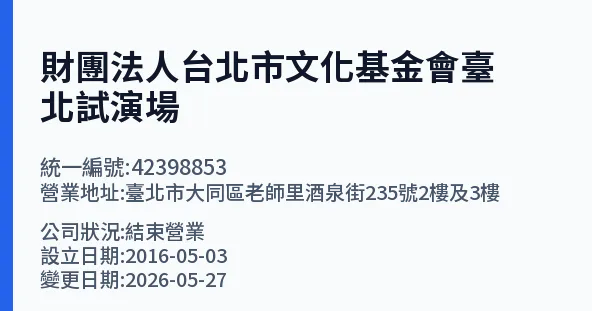 財團法人台北市文化基金會臺北試演場的照片-統編 42398853(臺北市) 公司登記資料與營業項目詳細圖表