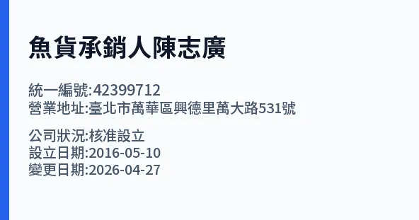 魚貨承銷人陳志廣的照片-統編 42399712(臺北市) 公司登記資料與營業項目詳細圖表