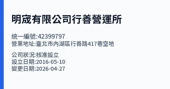 明宬有限公司行善營運所的照片-統編 42399797(臺北市) 公司登記資料與營業項目詳細圖表