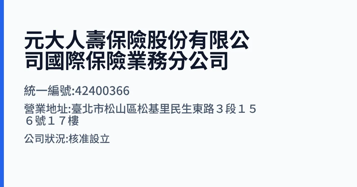 元大人壽保險股份有限公司國際保險業務分公司 - 統編 42400366(臺北市) 公司登記資料與營業項目詳細圖表