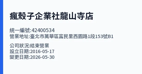 瘋殼子企業社龍山寺店的照片-統編 42400534(臺北市) 公司登記資料與營業項目詳細圖表