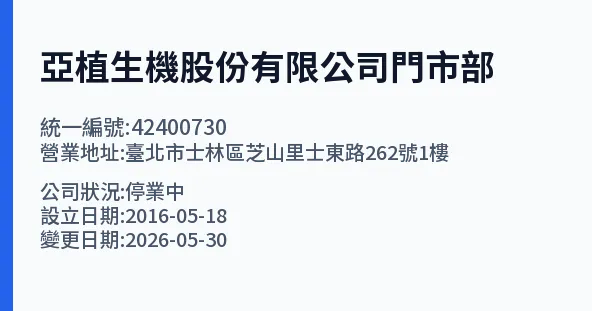 亞植生機股份有限公司門市部的照片-統編 42400730(臺北市) 公司登記資料與營業項目詳細圖表