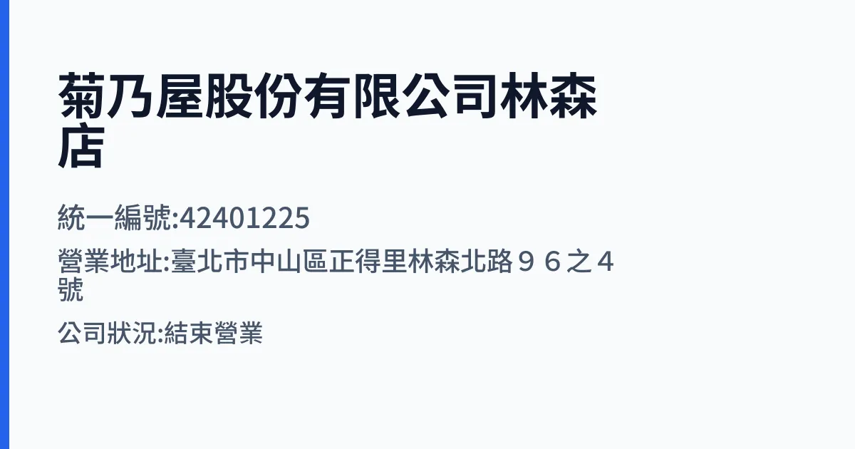 菊乃屋股份有限公司林森店 - 統編 42401225(臺北市) 公司登記資料與營業項目詳細圖表