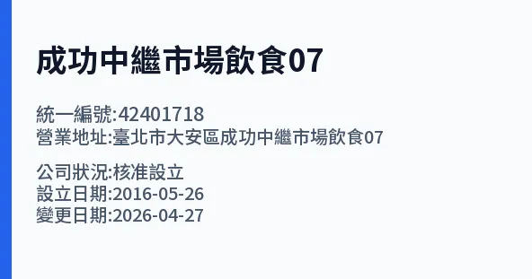 成功中繼市場飲食07的照片-統編 42401718(臺北市) 公司登記資料與營業項目詳細圖表