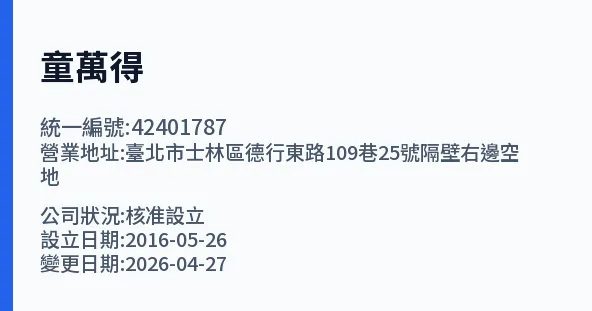 童萬得的照片-統編 42401787(臺北市) 公司登記資料與營業項目詳細圖表