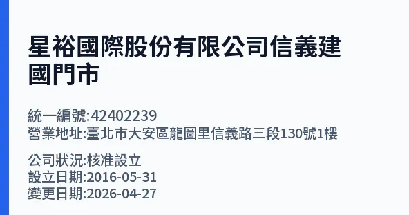 星裕國際股份有限公司信義建國門市的照片-統編 42402239(臺北市) 公司登記資料與營業項目詳細圖表