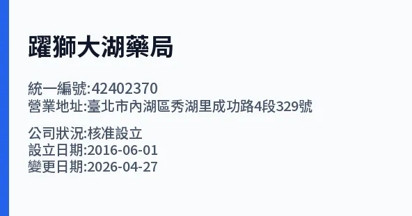 躍獅大湖藥局的照片-統編 42402370(臺北市) 公司登記資料與營業項目詳細圖表