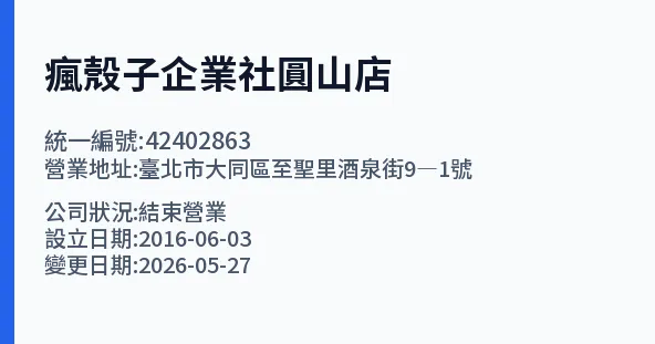 瘋殼子企業社圓山店的照片-統編 42402863(臺北市) 公司登記資料與營業項目詳細圖表