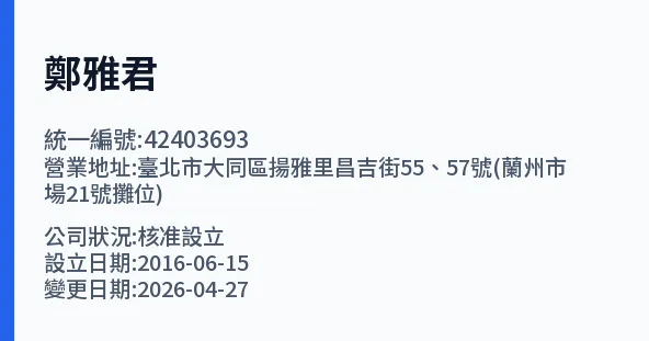 鄭雅君的照片-統編 42403693(臺北市) 公司登記資料與營業項目詳細圖表