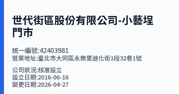 世代街區股份有限公司-小藝埕門市的照片-統編 42403981(臺北市) 公司登記資料與營業項目詳細圖表