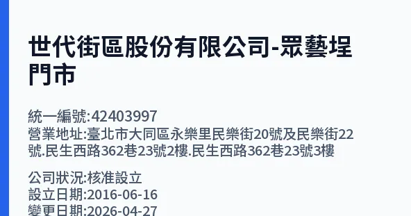 世代街區股份有限公司-眾藝埕門市的照片-統編 42403997(臺北市) 公司登記資料與營業項目詳細圖表