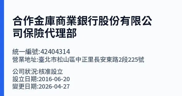 合作金庫商業銀行股份有限公司保險代理部的照片-統編 42404314(臺北市) 公司登記資料與營業項目詳細圖表